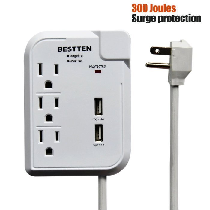Bestten 3 Outlet Portable Travel Surge Protector with 2.4A Dual USB ...