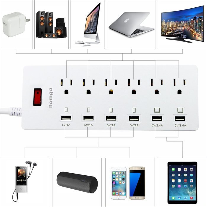 Power Strip, 6-Outlet Surge Protector 6ft Cord Power Strip with 6 Ports ...