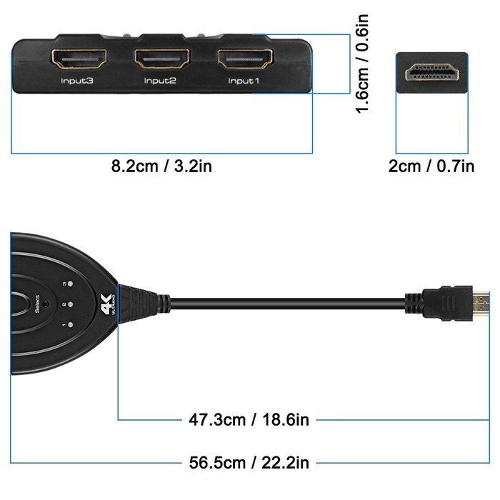 4K HDMI Switches, SENHAI 3 Ports HDMI Adapter with Pigtail Cable ...