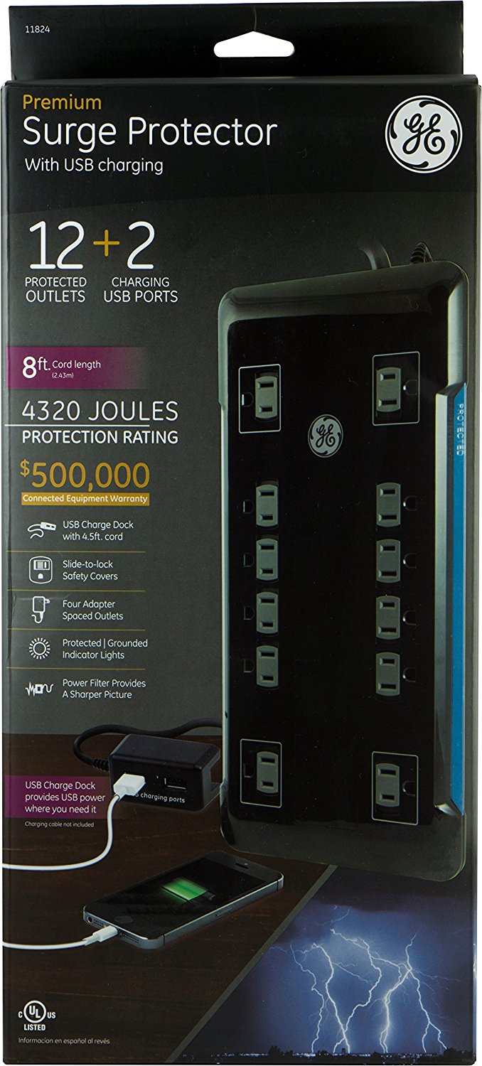GE 11824 Surge, 12 Outlets, 4320J, 8' Cord, Desktop USB, 2 Ports, 2.1A ...