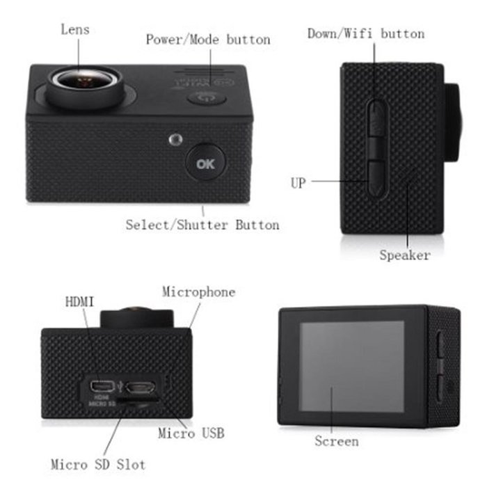 WiFi Action/Sports Camera Kit - 14MP Sensor, 170°Wide Angle Lens, 2 ...