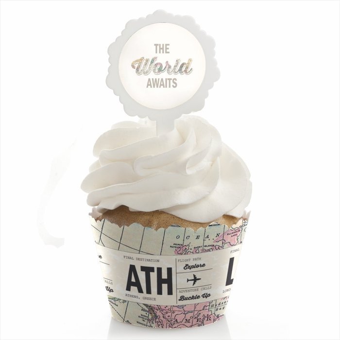 World Awaits - Travel Theme Cupcake Wrapper & Pick Party Kit - Set of ...