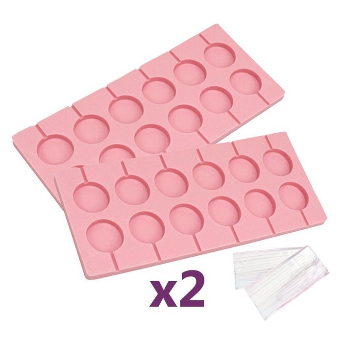 WOMHOPE Set of 2 - 12-Cavity Silicone Lollypop Mold with Sticks - Round ...