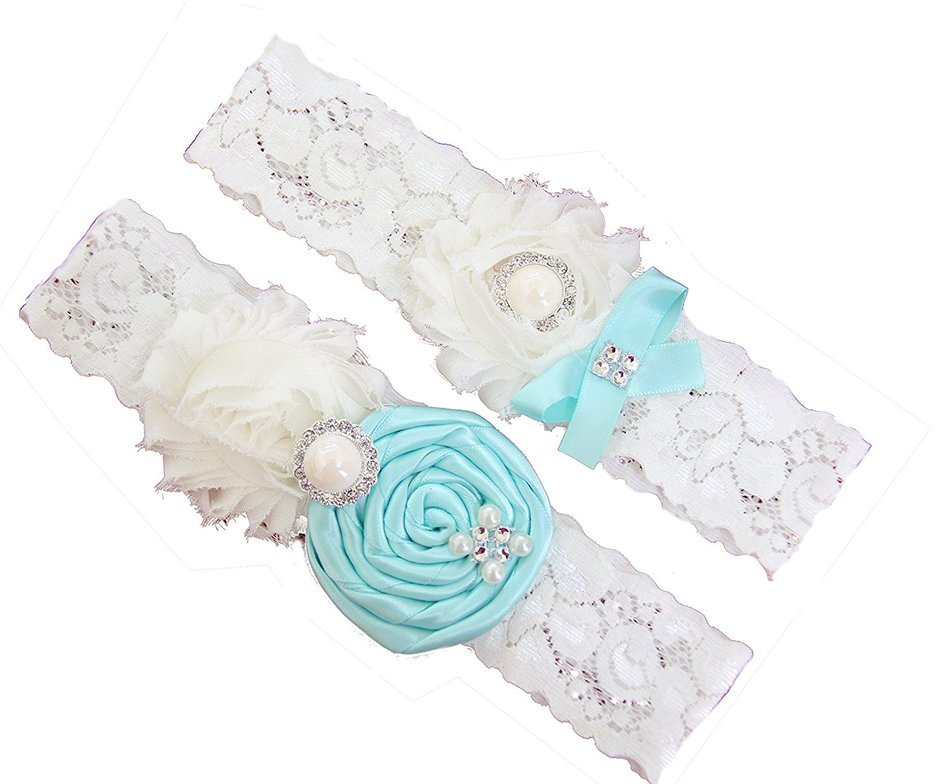 Wedding Garter Set Baby Blue Turquoise / Ivory Chiffon Flowers w/ Pearl ...