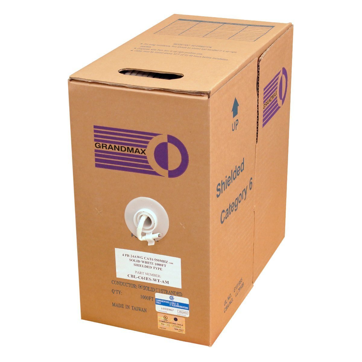 Grandmax CAT6 550MHz Shielded Solid Bulk Cable, 1000ft, STP Pull Box ...