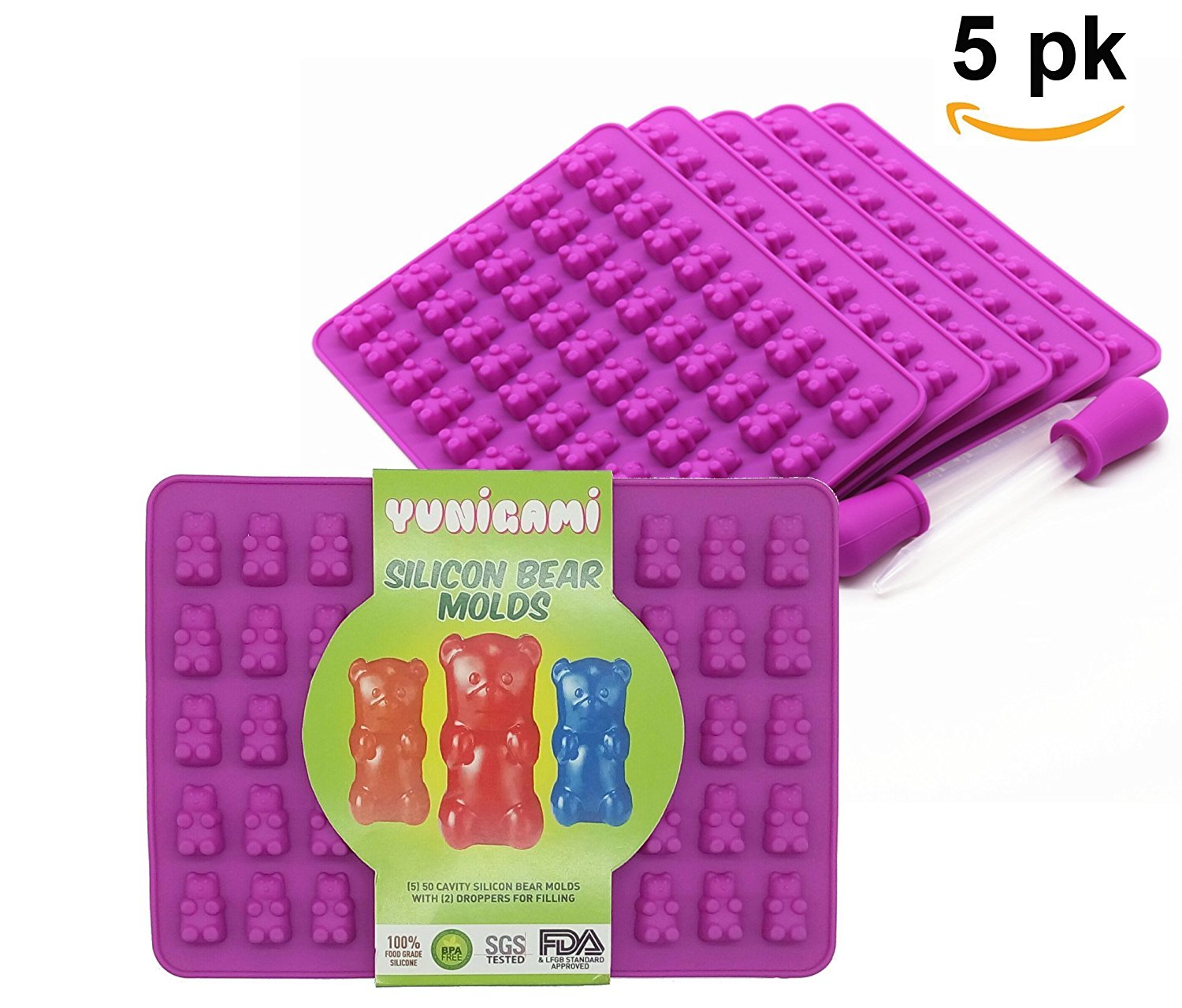 5 PACK - 250 Cavity SILICONE GUMMY BEAR MOLD by Yunigami - FDA Approved ...
