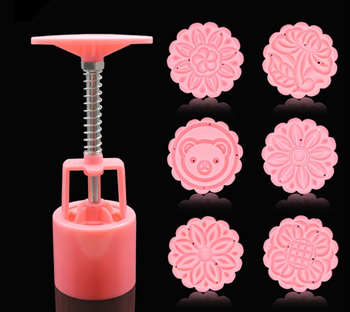 Round Shape Moon Cake Pastry Mold Hand Pressure 50g One Barrel 6 Flower ...