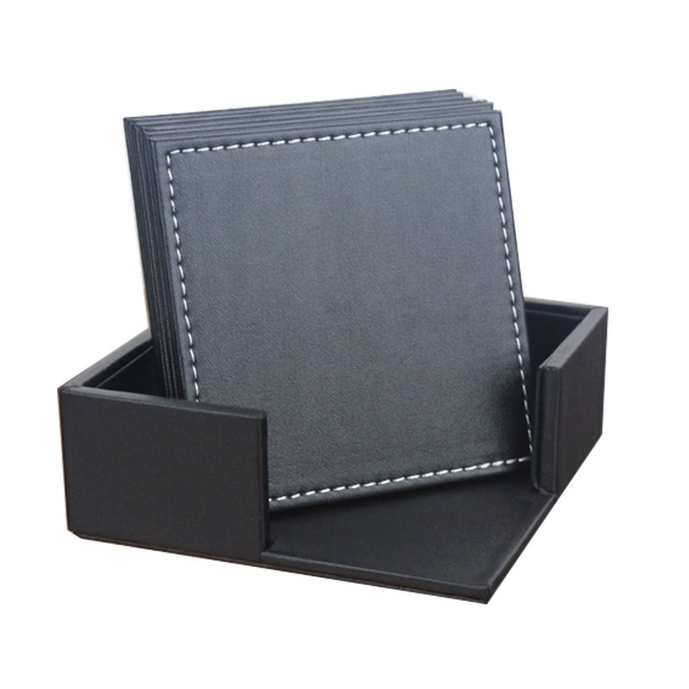 Square Lether Set of 6 Cup Coaster Mat with Coaster Holder Black/Brown ...