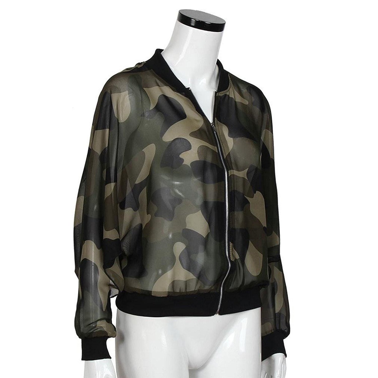 Morecome Women Stand Collar Long Sleeve Zipper Camouflage Printed