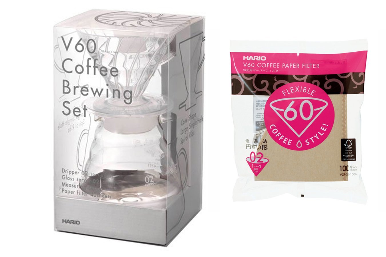 Hario V60 Series - Clear Drip Coffee Brewing Set & 100 Extra Filters ...