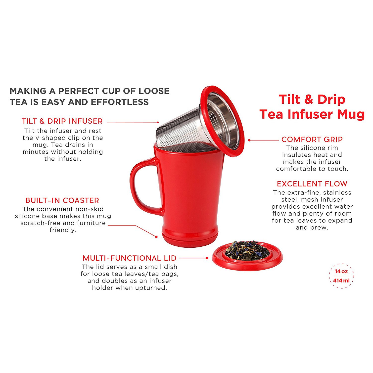 CasaWare Tilt and Drip Tea Infuser Ceramic Mug, 14-Ounce (Matcha Green ...