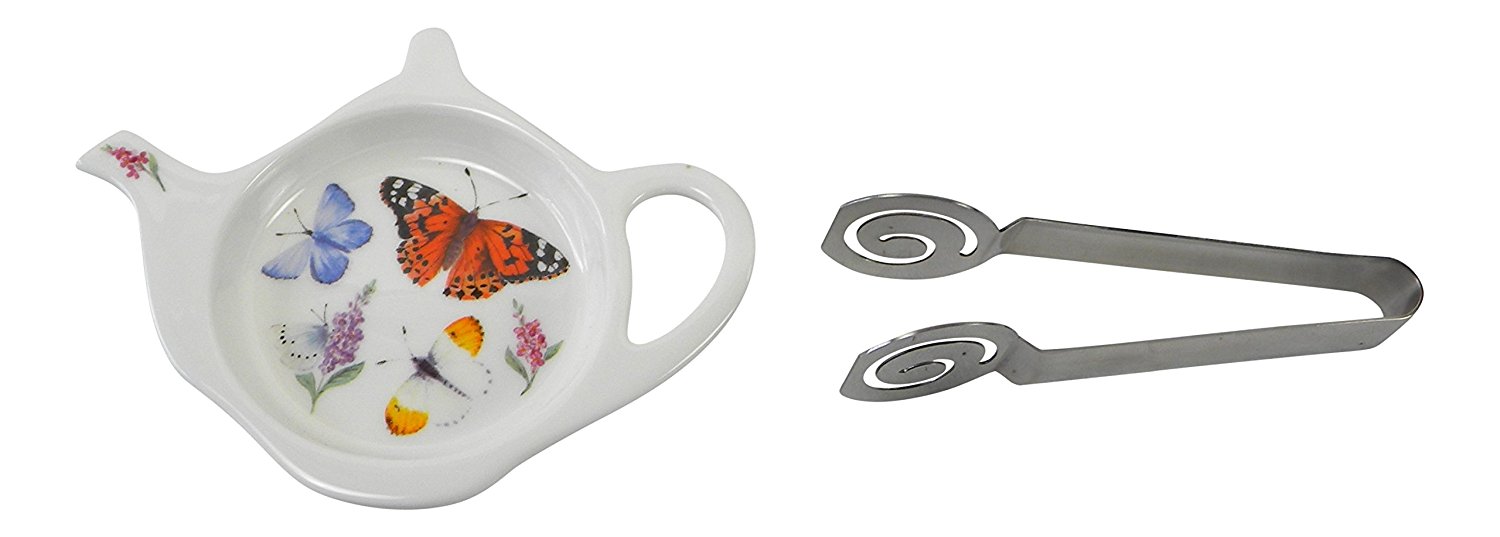 Roy Kirkham Bone China Butterfly Tea Bag Tidy and Stainless Steel Tea ...