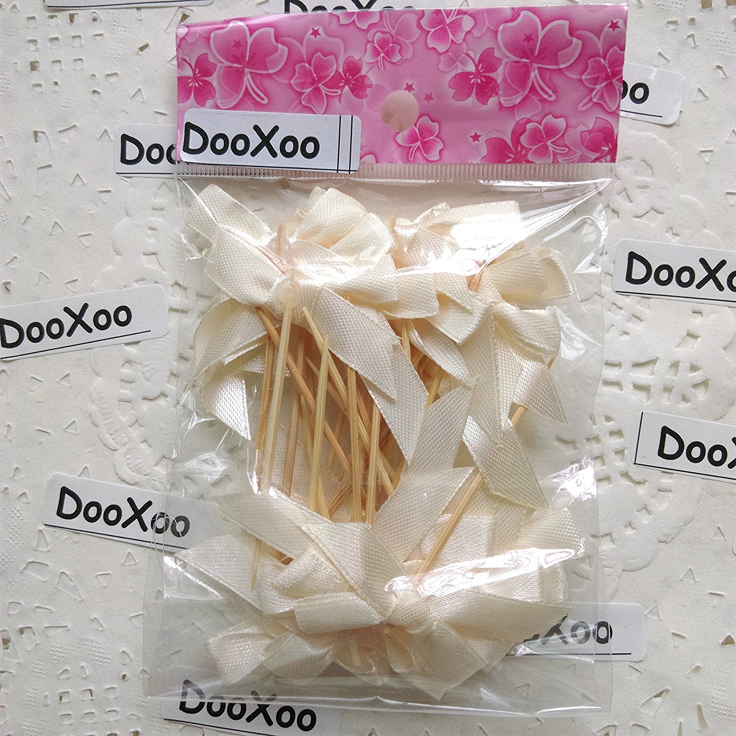 DOOXOO 2 inch Ivory Satin Bow Cupcake Toppers or Finger food picks ...