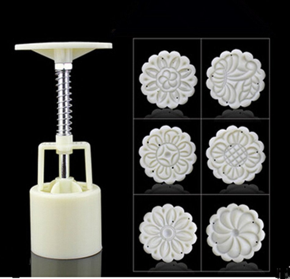Round Shape Moon Cake Pastry Mold Hand Pressure 50g One Barrel 6 Flower ...