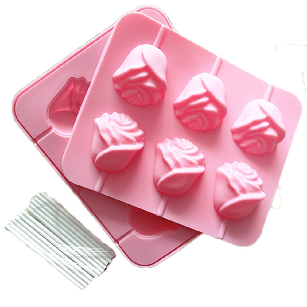 JLHua 6 Rose Shapes Silicone Lollipop Mold Tray Pop Cake Stick Mould ...