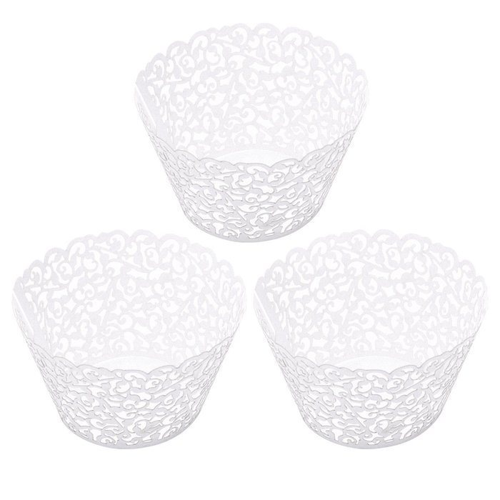 100 Cupcake Wrappers – White Shimmering Decorative Vine Lace Laser-Cut ...