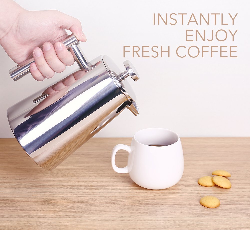 Plemo French Press Double Wall Stainless Steel Coffee Maker, 34 oz N6 ...