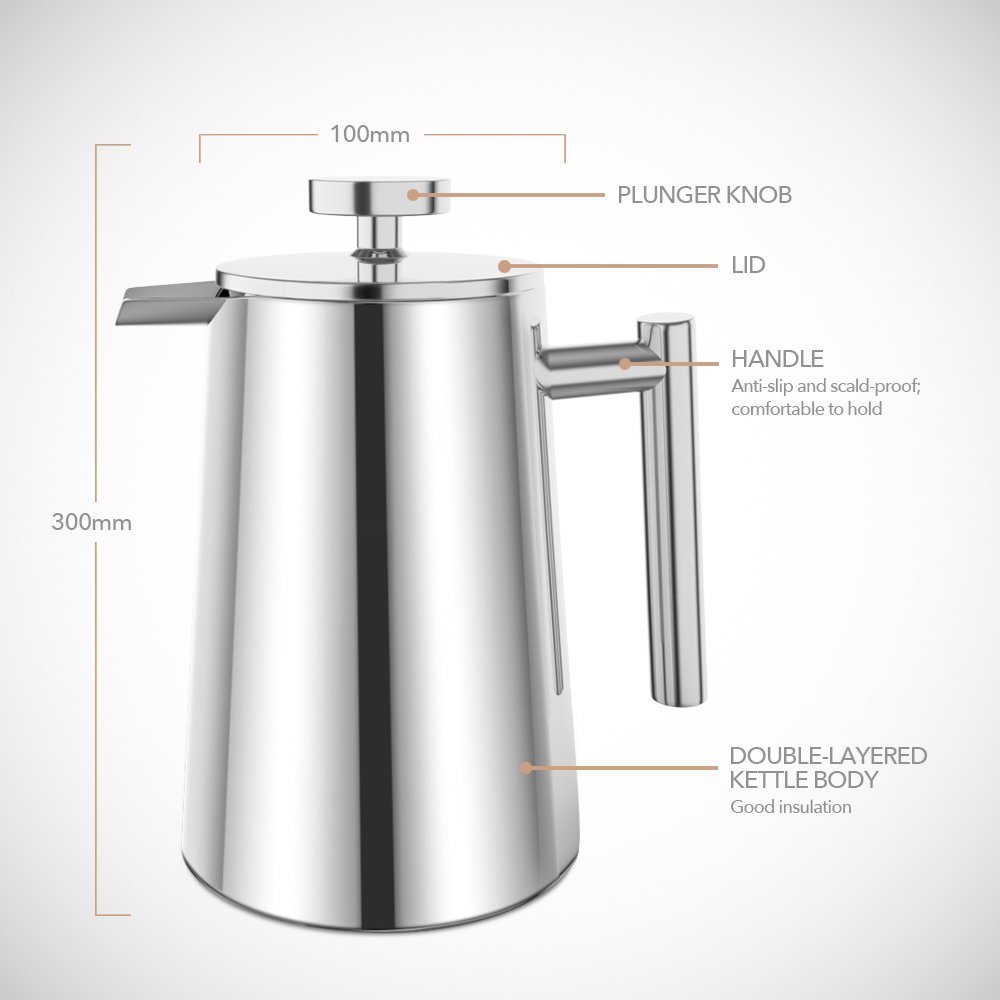 Plemo French Press Double Wall Stainless Steel Coffee Maker, 34 oz N7 ...