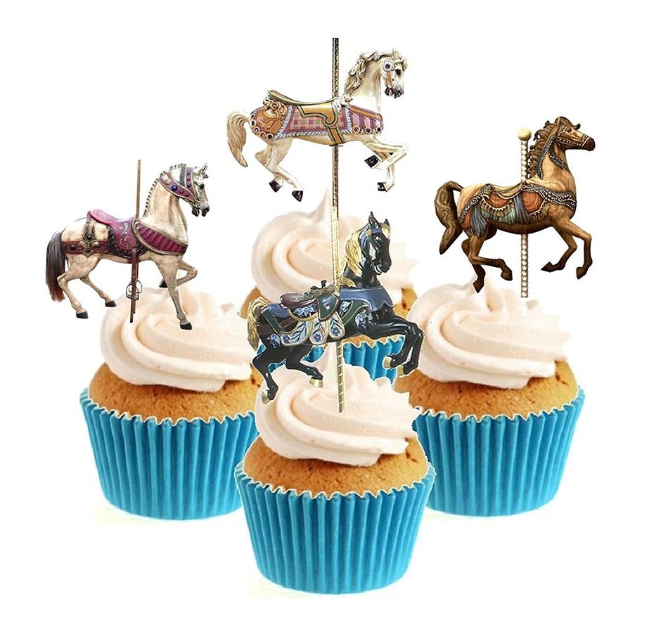 Novelty Carousel Horses Mix 12 Edible Stand up wafer paper cake toppers ...
