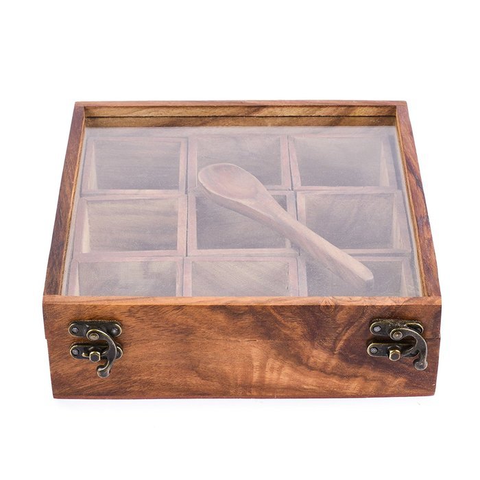 Rusticity Wood Tea / Spice Storage Box with Plastic Lid, Spoon and 9 ...