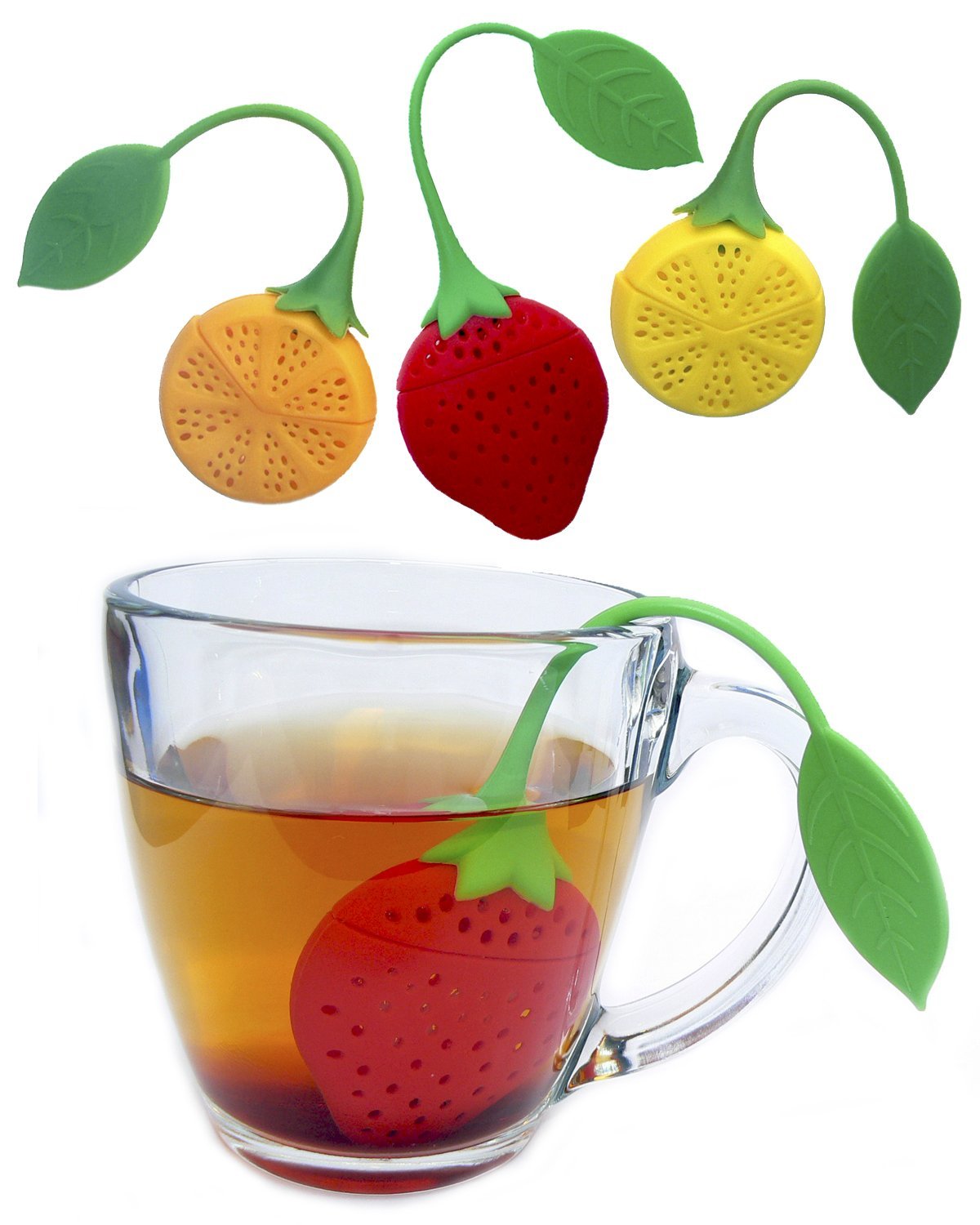 Tea Infuser Set of 3 Cute Silicone Tea Strainers by Simple To Brew, Strawberry Lemon and Orange ...