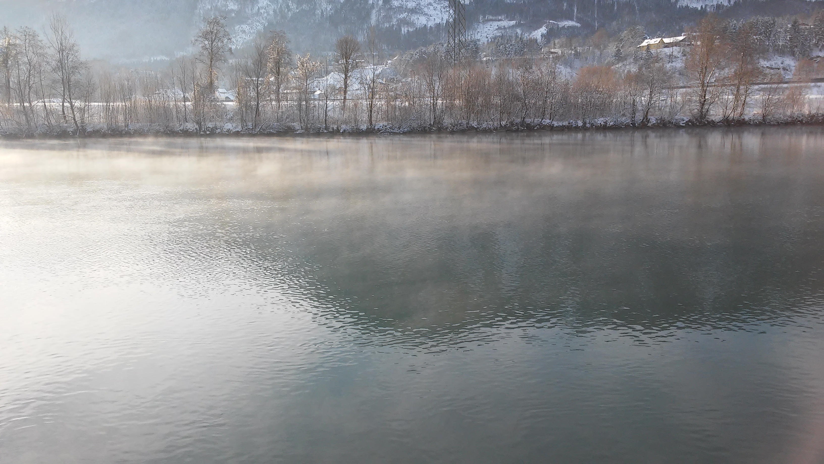 River drau fog winter mirroring free image download