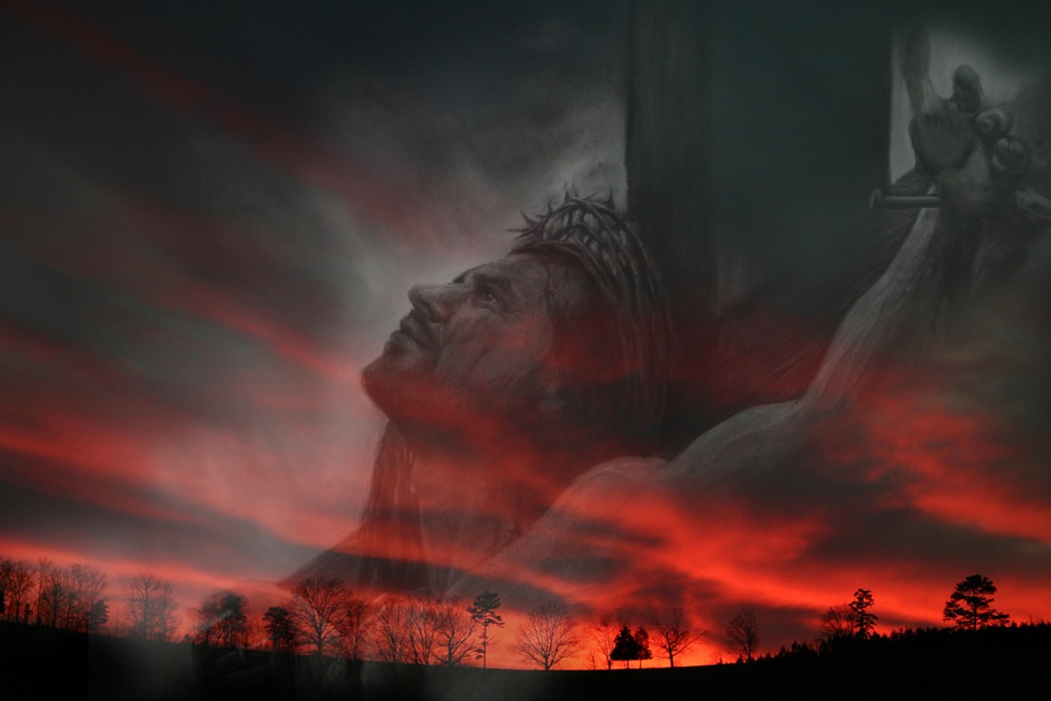 Head of Jesus Christ On Cross at sunset landscape, collage free image ...