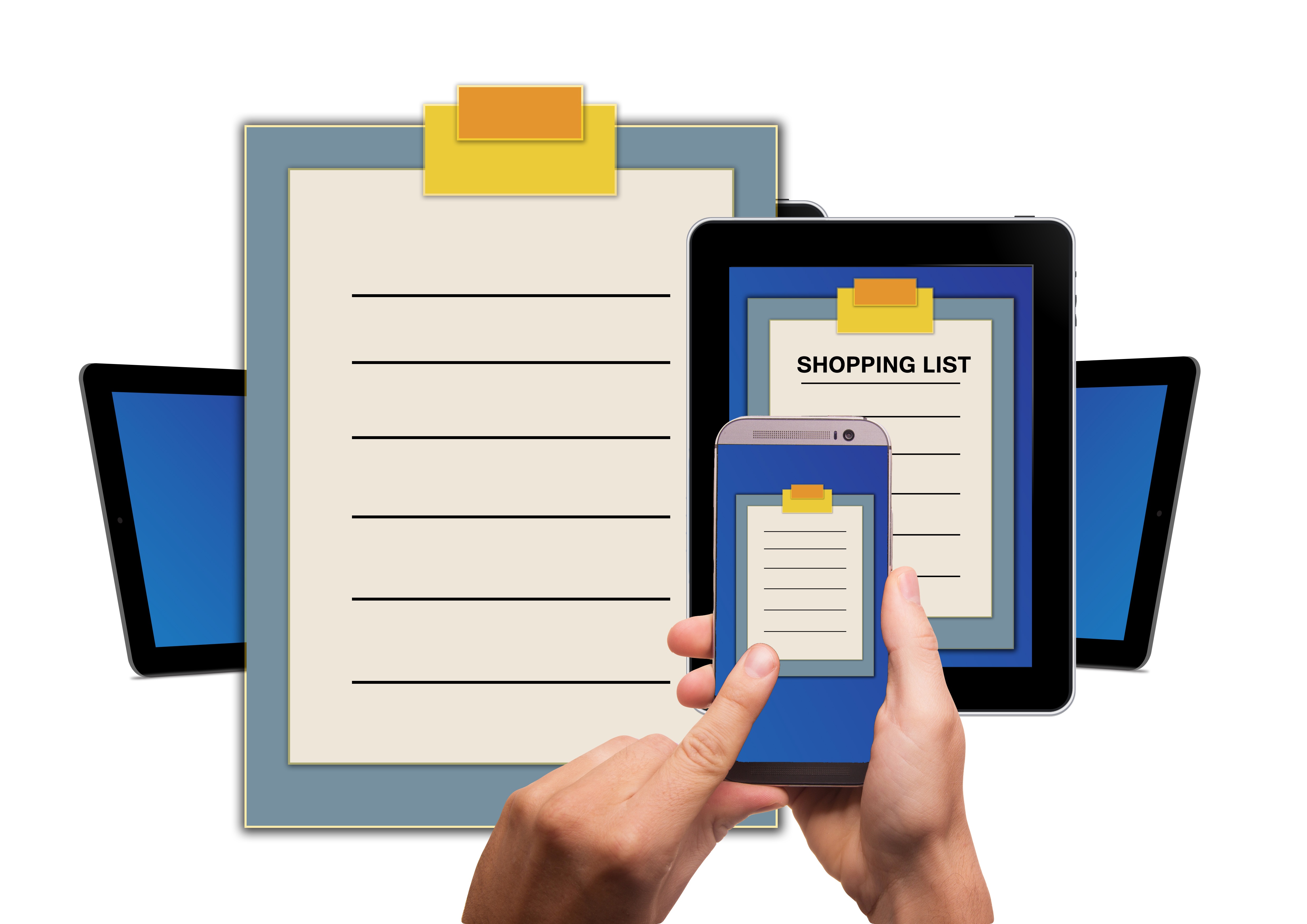 In the hands of a person a tablet with a list on the background of ...