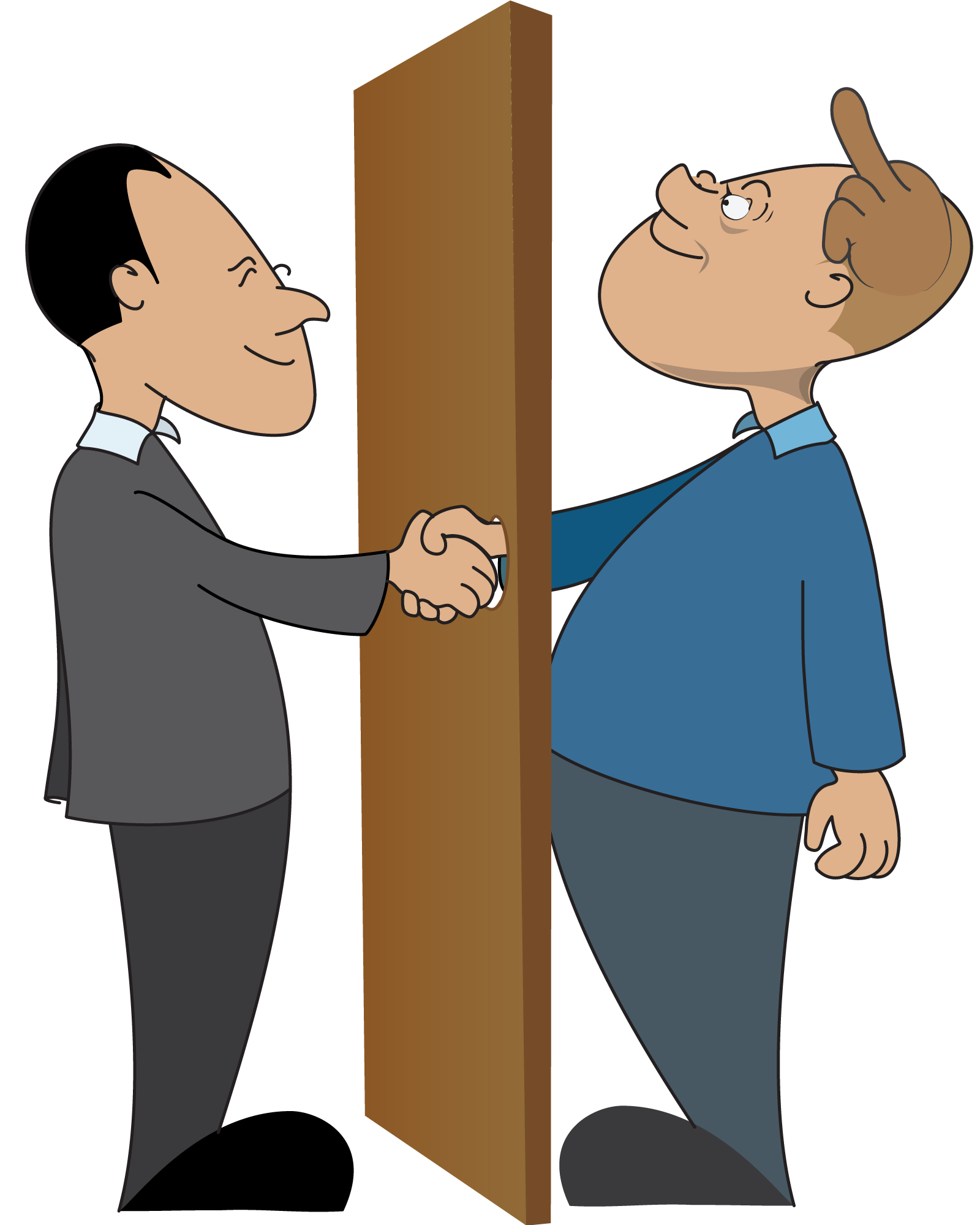 Business deal, two cartoon men handshaking through door free image download