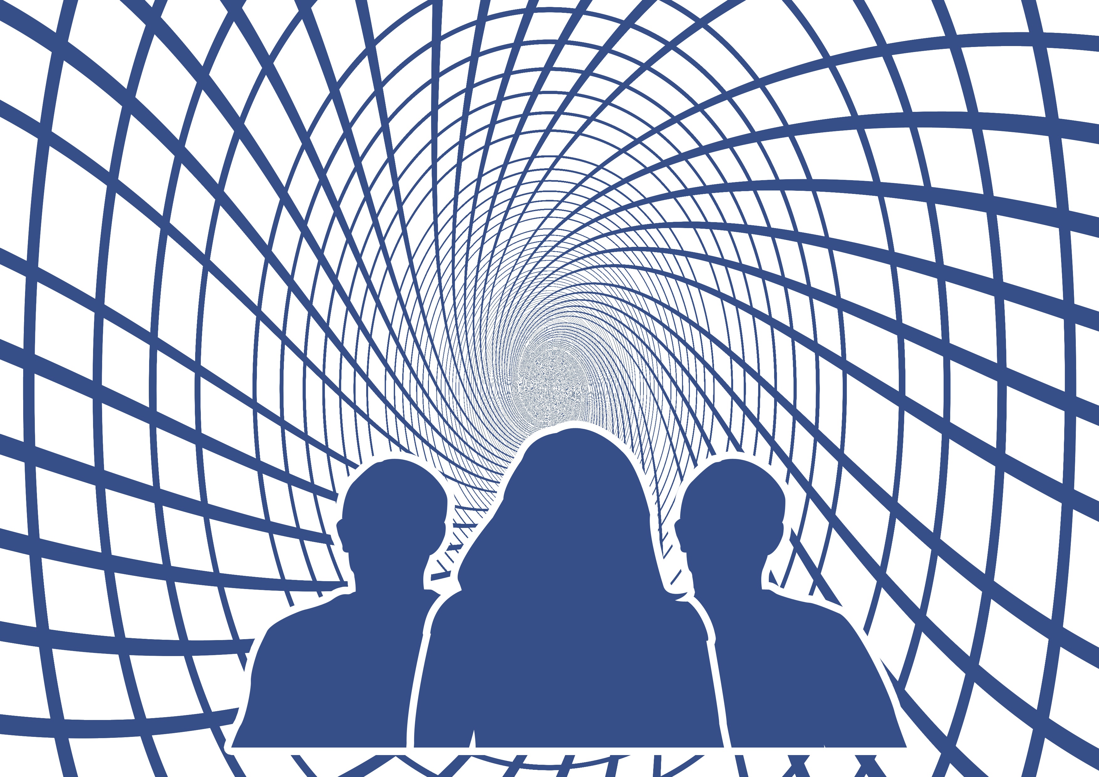 Blue people silhouettes, among the blue and white, spiral grid on ...