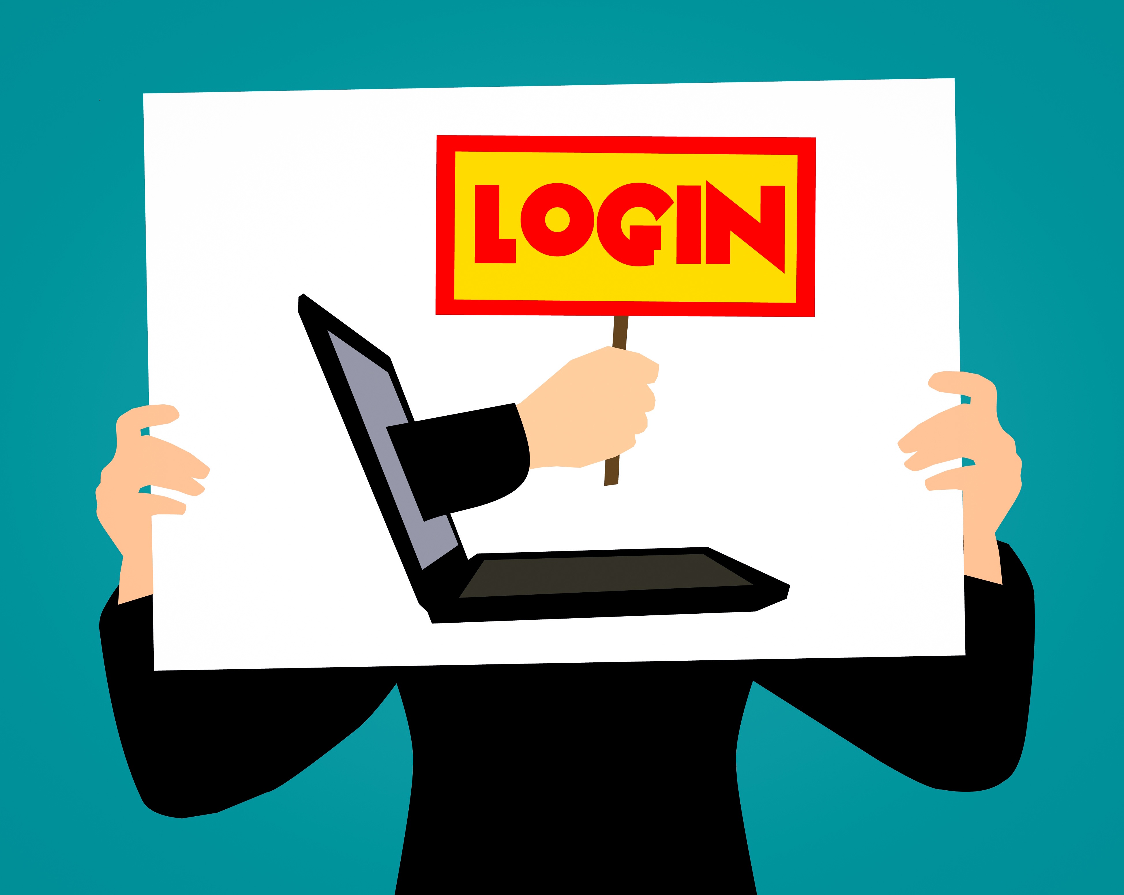 Login, hand with board stretching from laptop screen drawing free image ...
