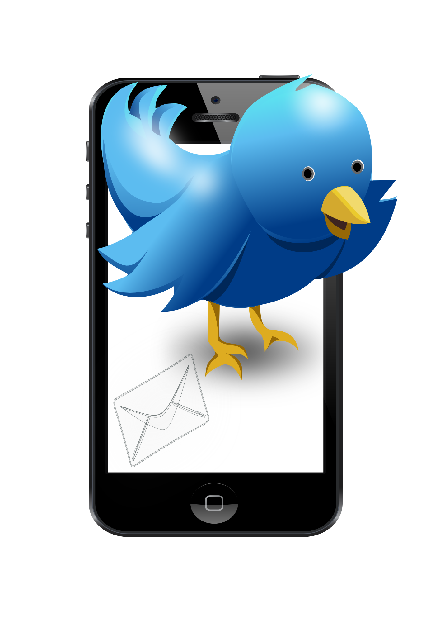 Blue and yellow Twitter bird on the black model of Iphone with letter ...
