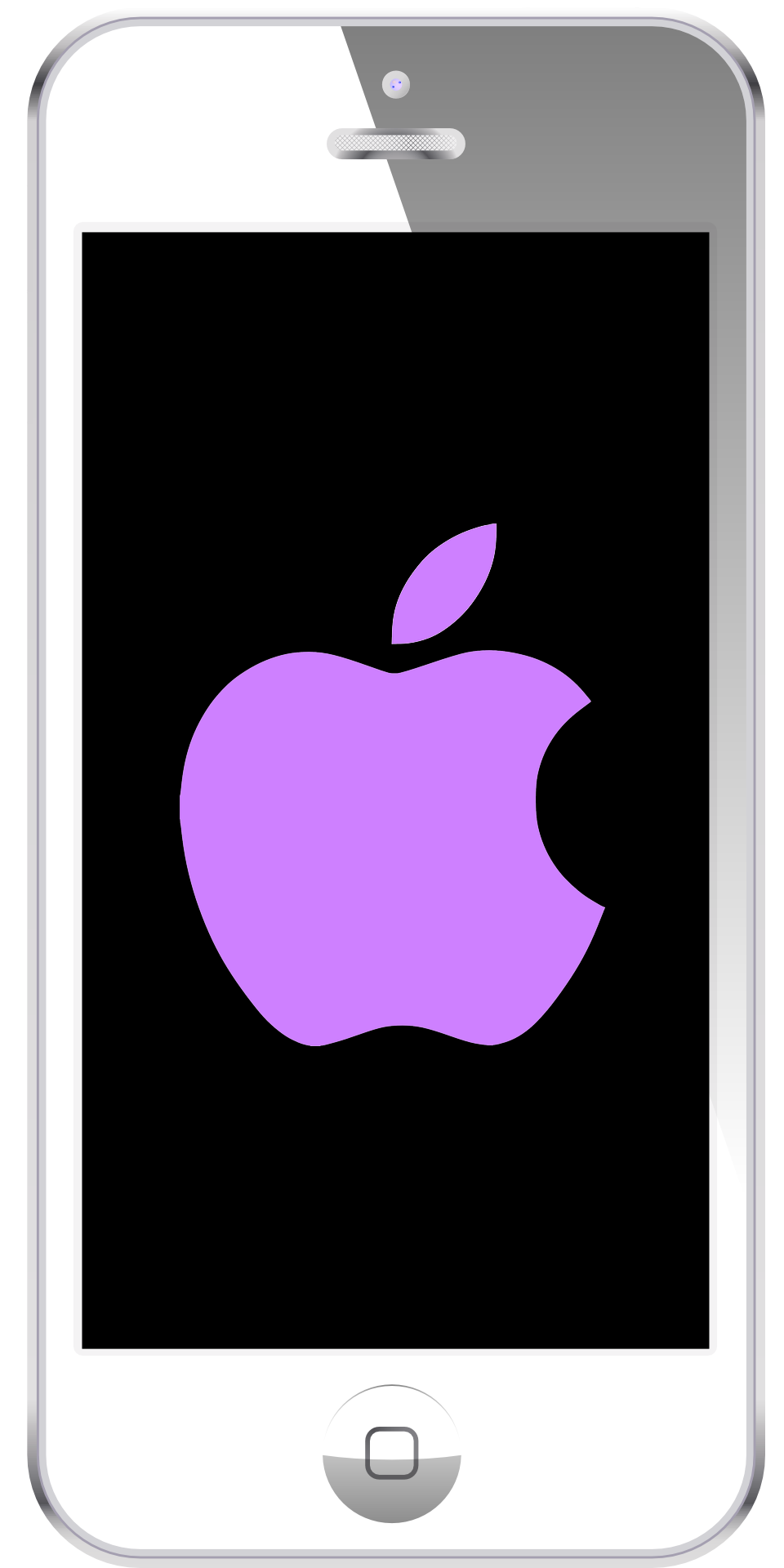 White Iphone smartphone with purple "Apple" logo on the black screen ...