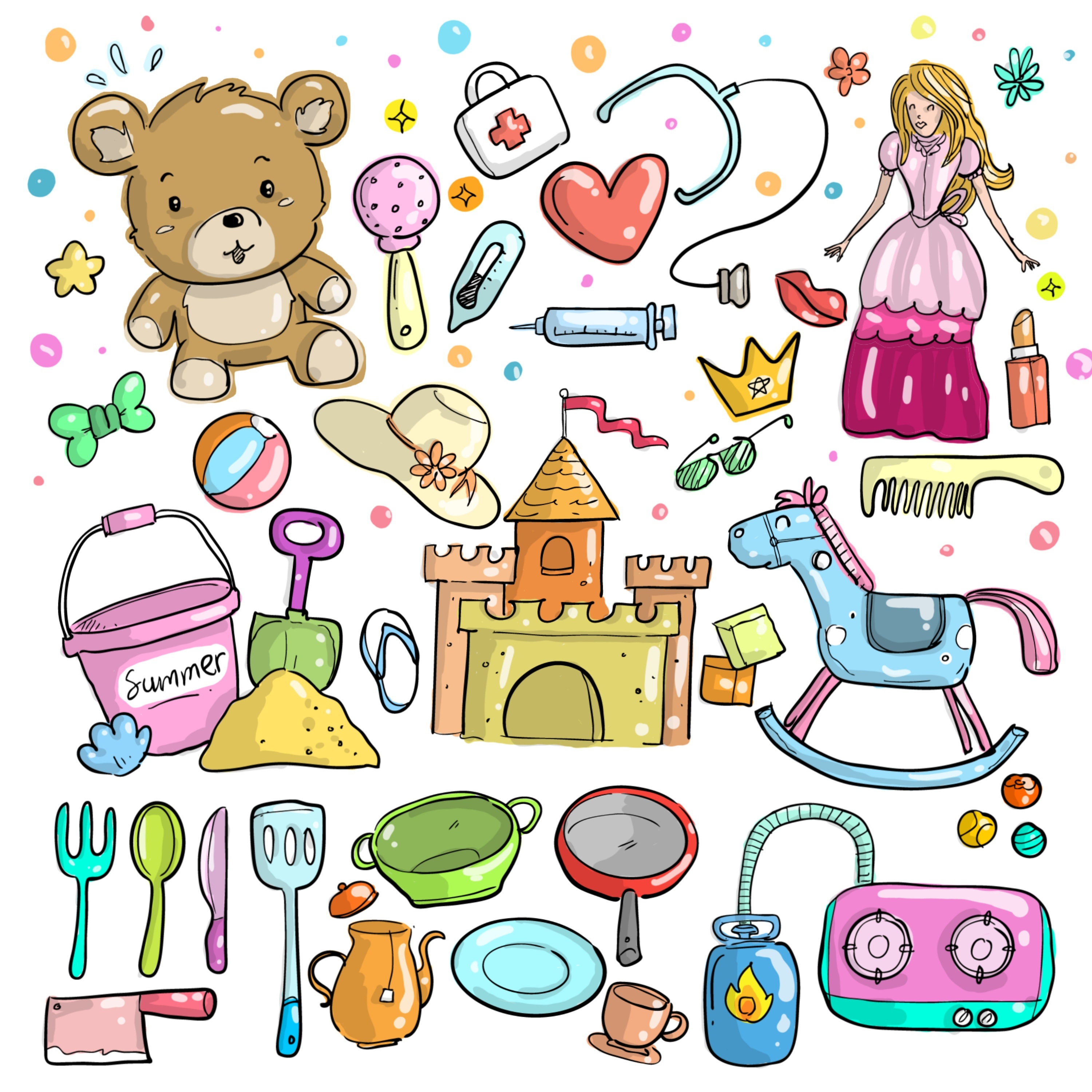 Painted children's toys on a white sheet free image download