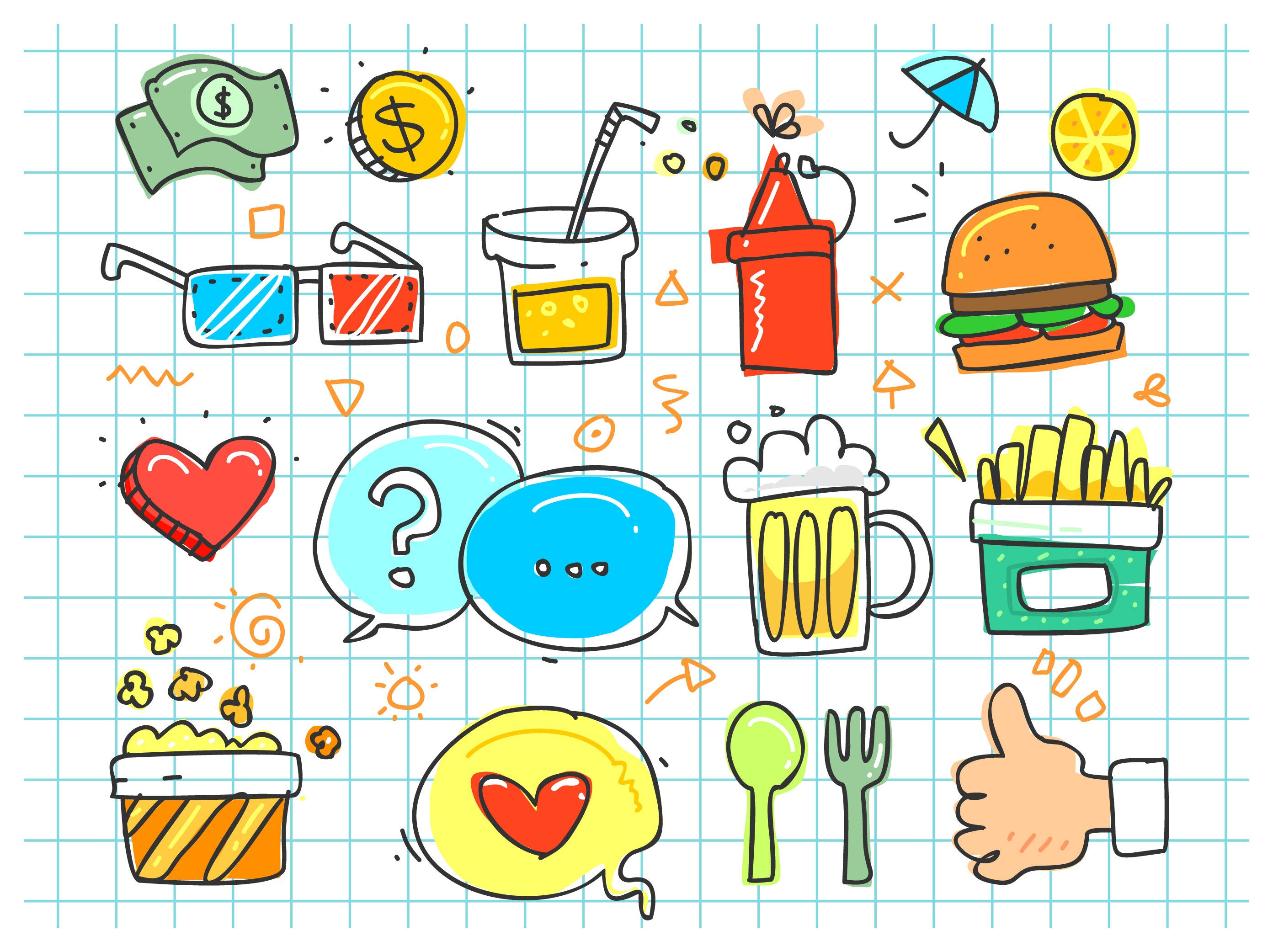 Colorful drawing, set, fries, burger, hot drink, appetizer free image ...
