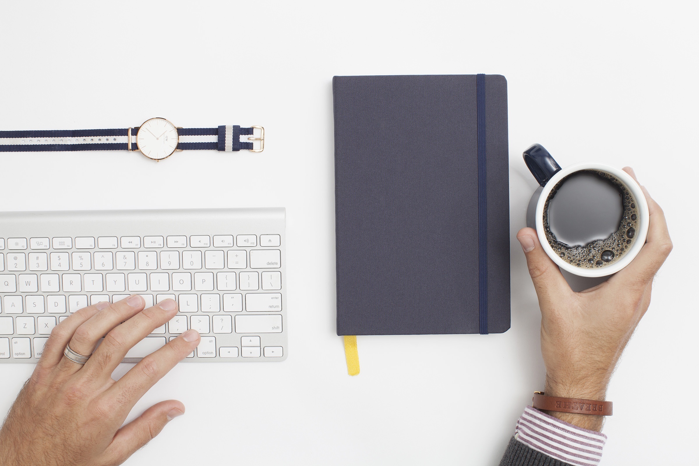 Looking Down on a coffee and keyboard on a Desktop free image download