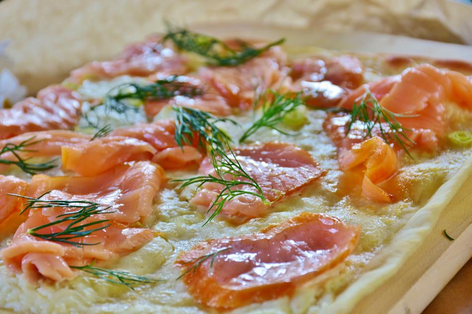 Beautiful and colorful Tarte Flambée, with the smoked salmon and spring ...