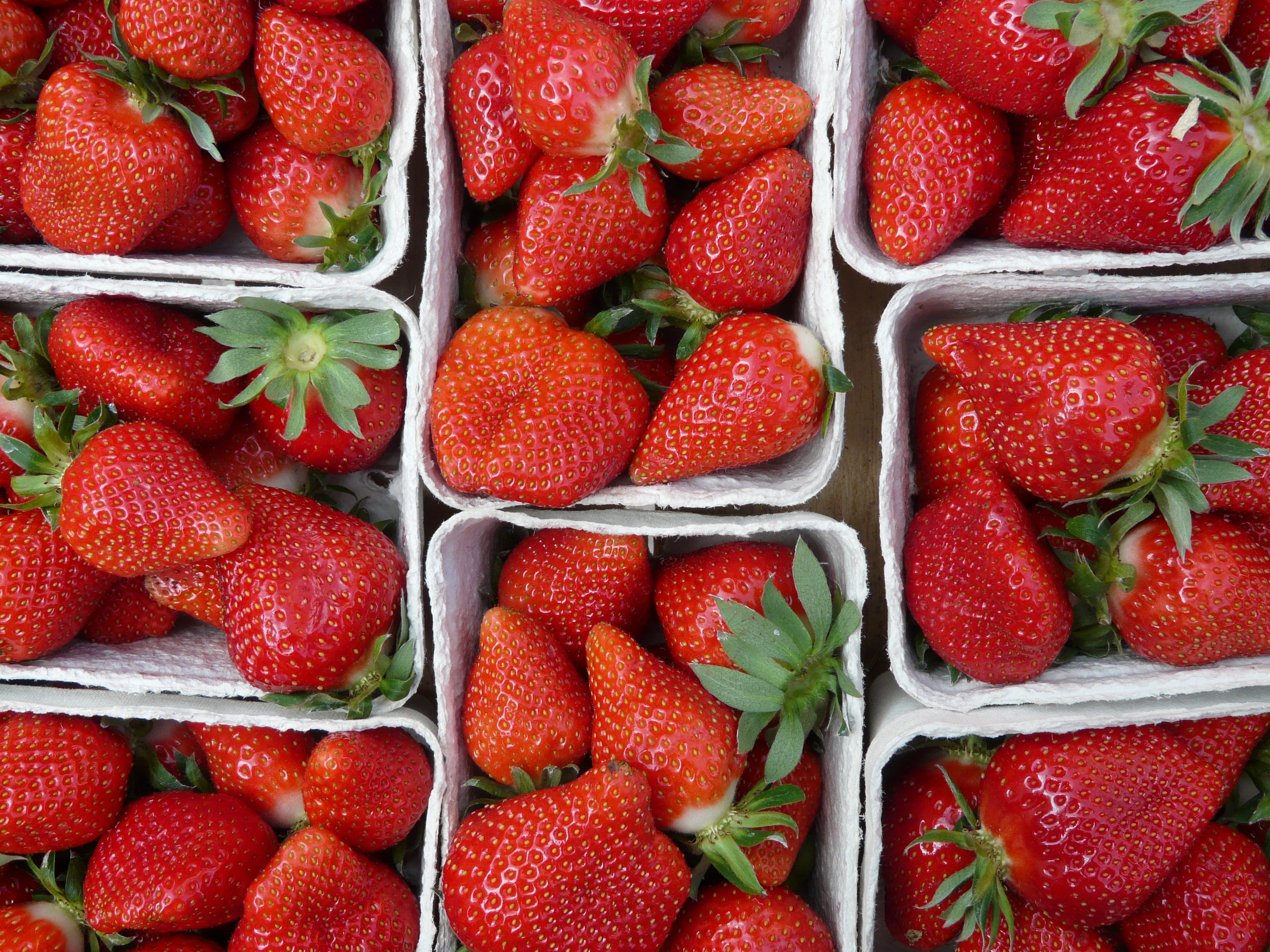 Strawberry, ripe Red berries in paper boxes free image download