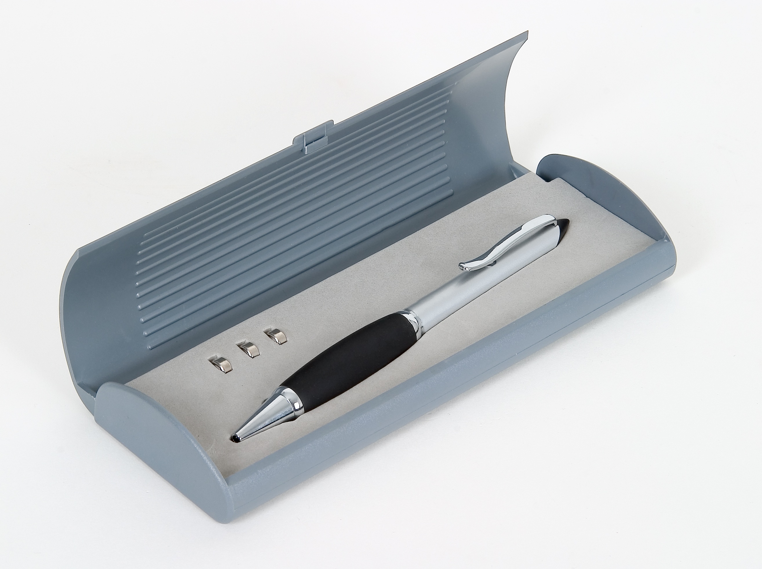 Shiny, metallic and black pen in the grey case, on the white surface ...