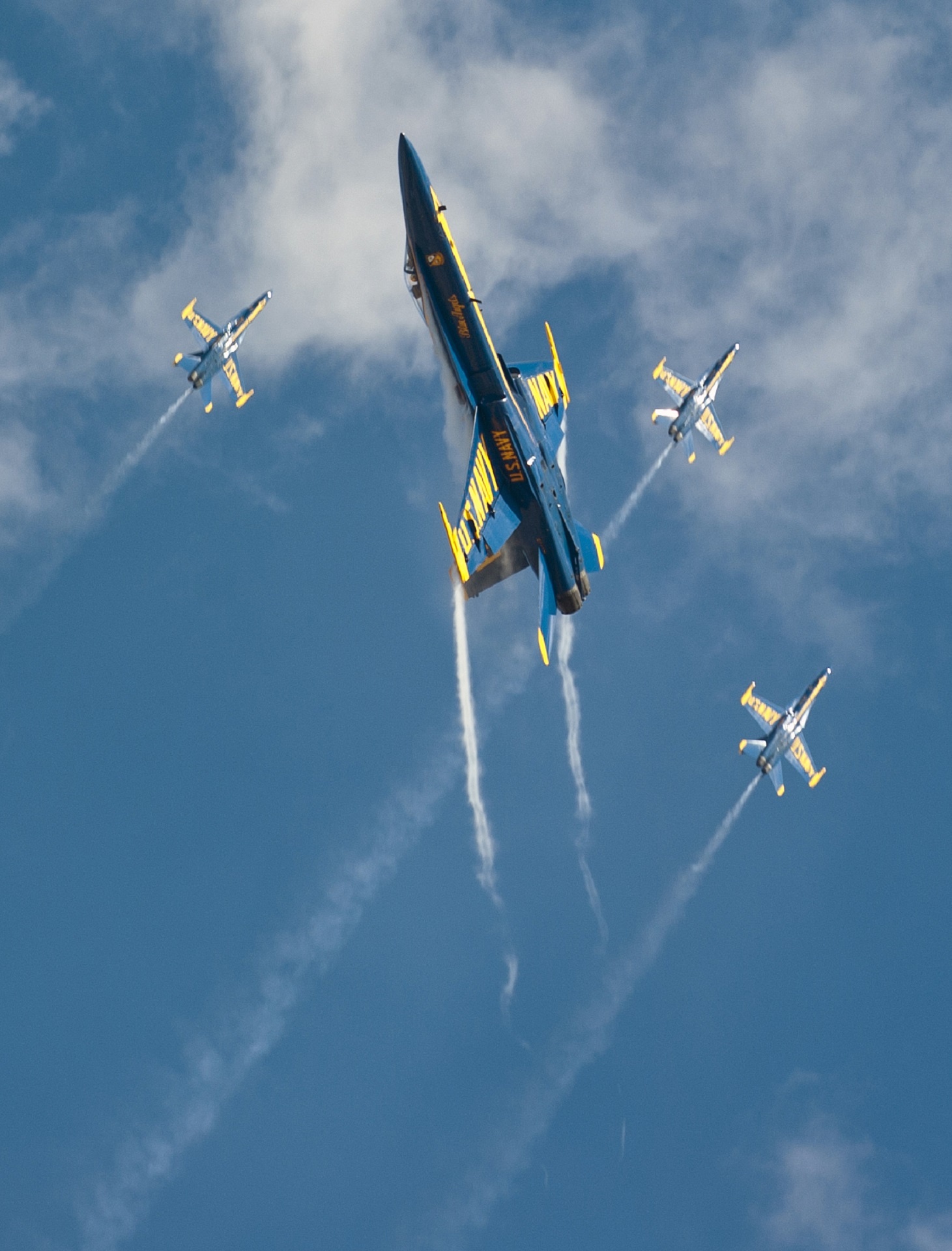 Beautiful, flying, blue and yellow planes of the "Blue Angels", with ...