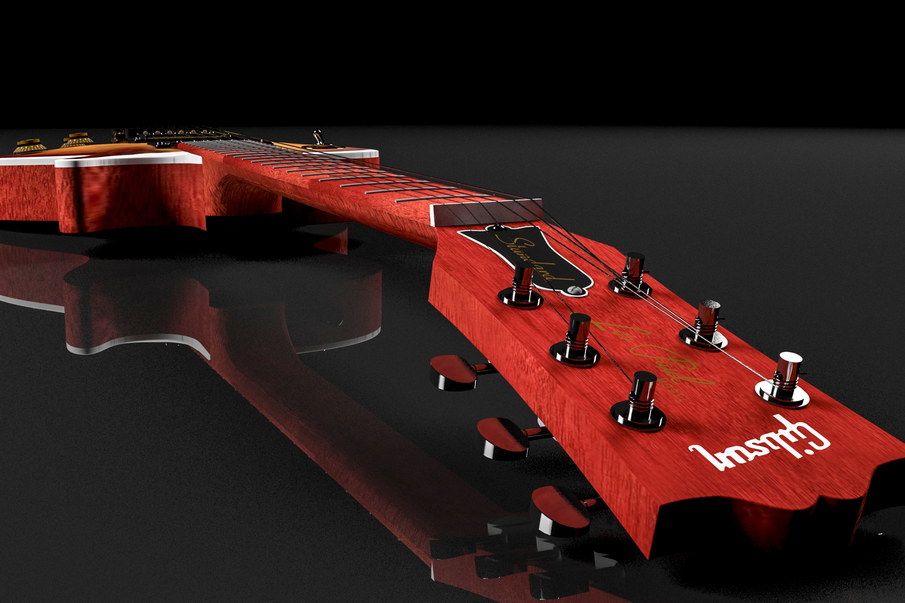 Close-up of the beautiful, red "Gibson" guitar, with the reflection ...