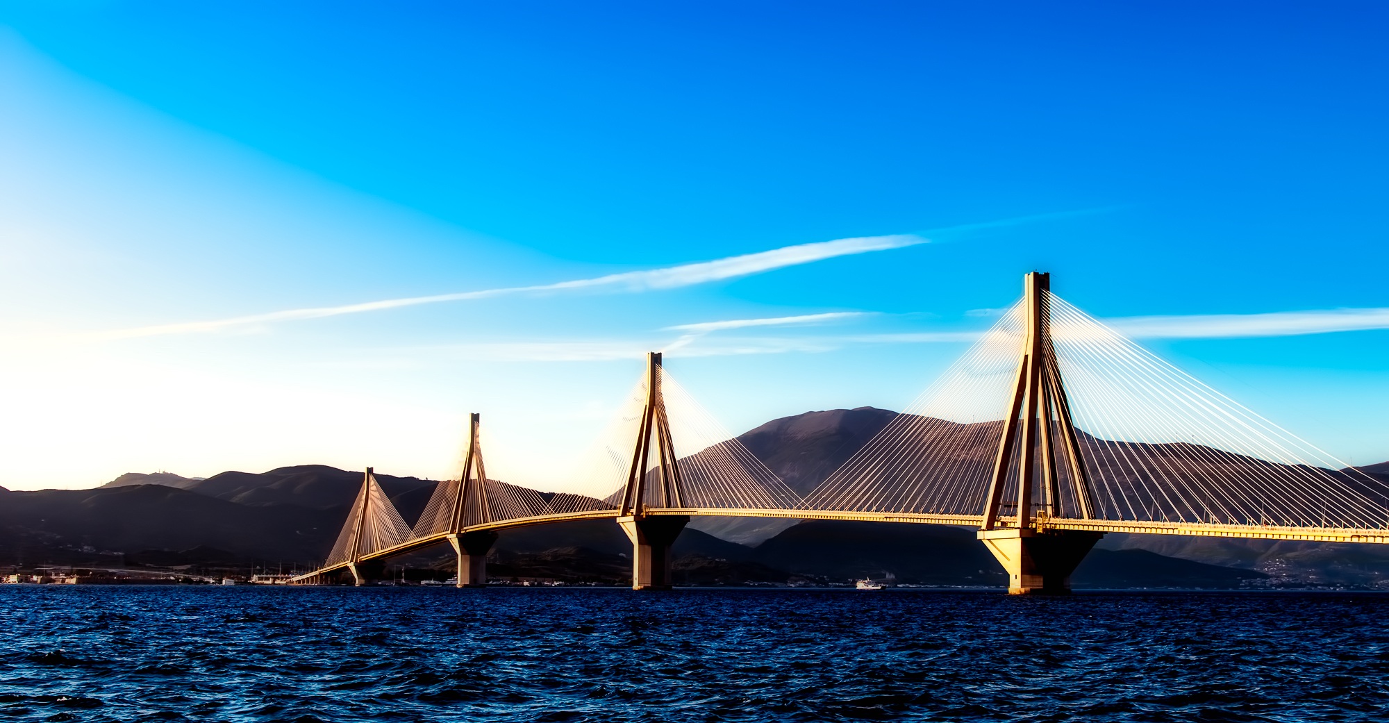 Cable-stayed Rion-Antirion Bridge over water, Greece free image download