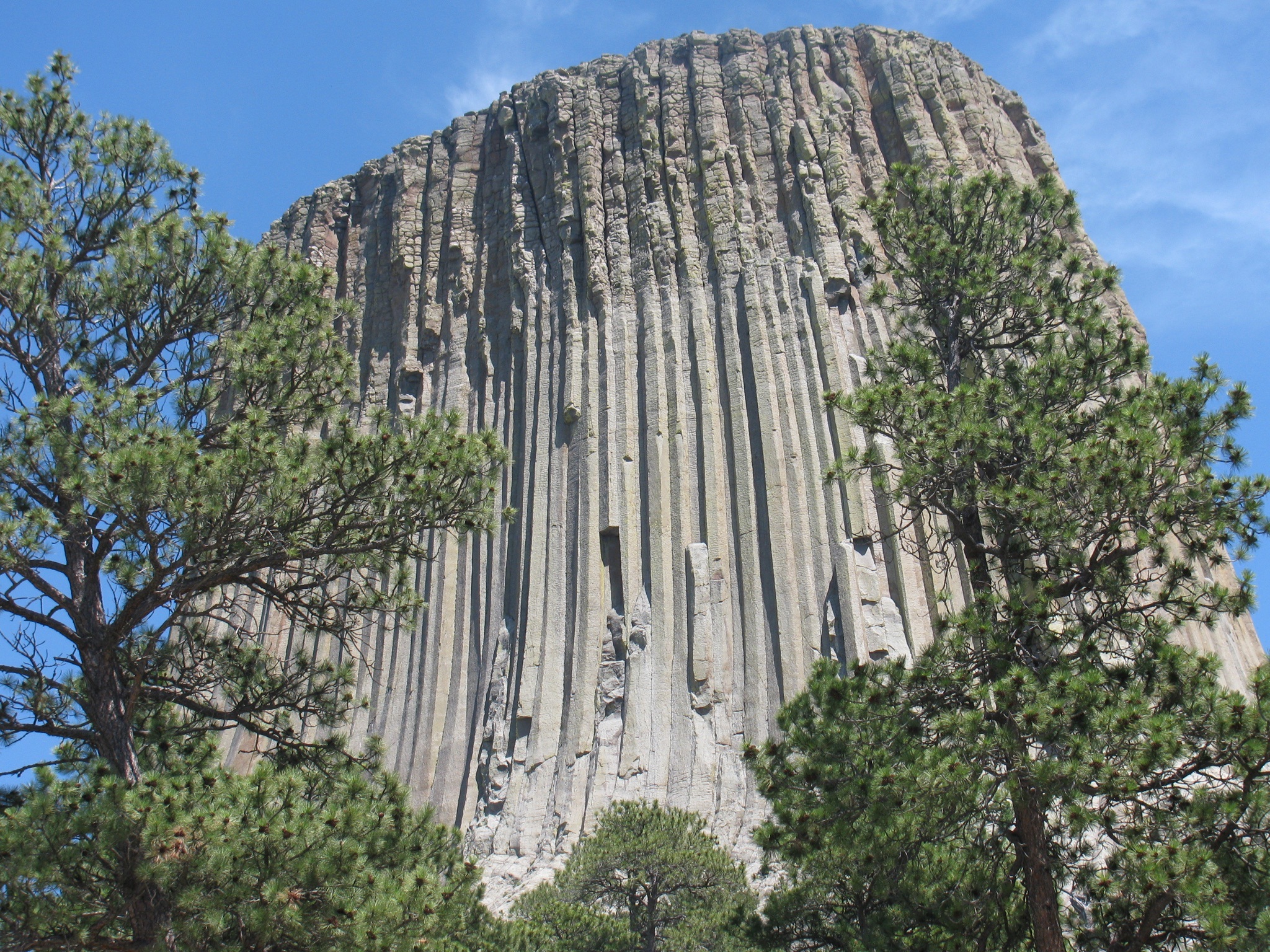 Devil's Tower in Utah, America, among the green trees, under the blue ...