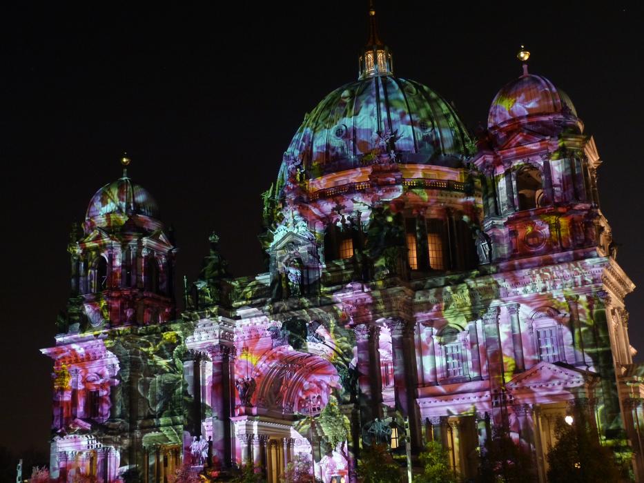 Beautiful building, in the colorful lights with the flowers, in Berlin ...