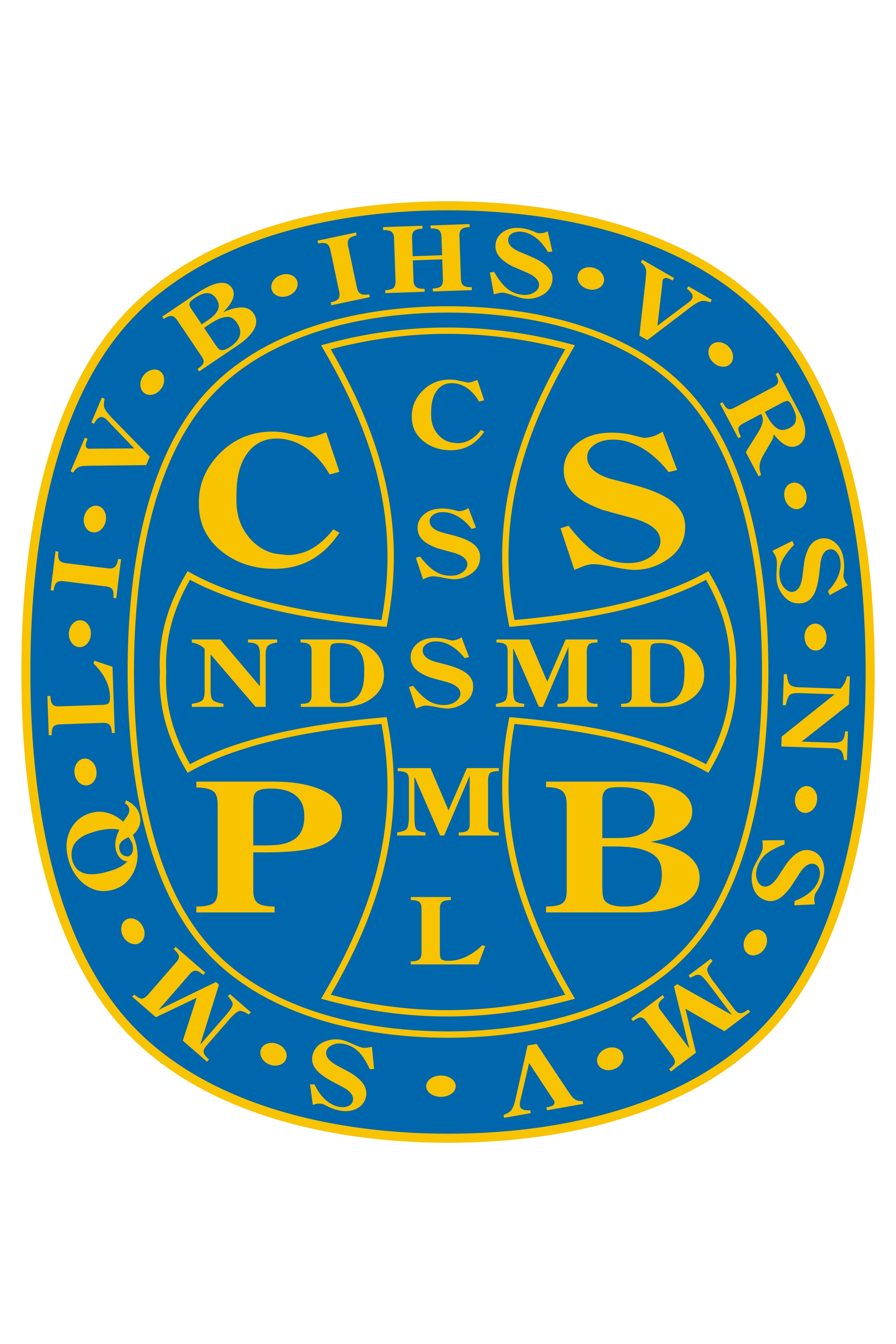 Blue and gold symbol of Crux Sancti Patris Benedicti with cross at ...