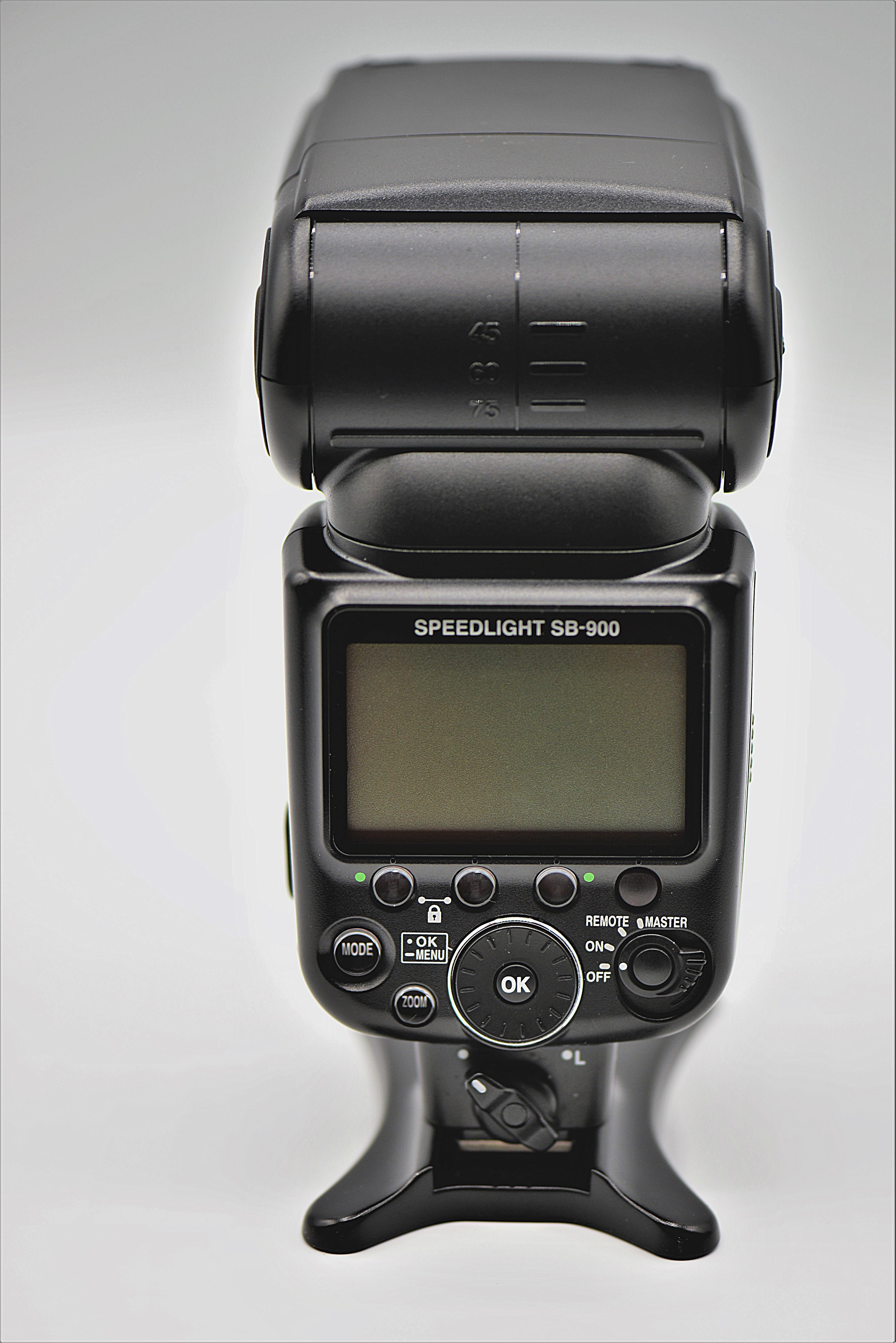 Close-up of the black hotshoe-mounted flash unit with the screen free ...