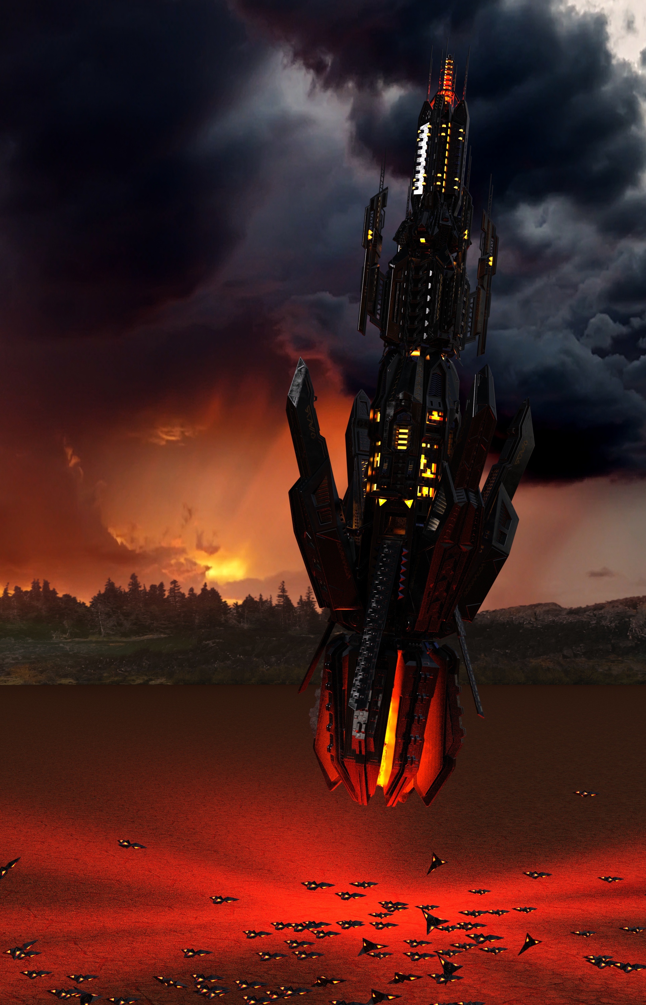 Colorful spaceship, on the beautiful landscape, at colorful sunset ...