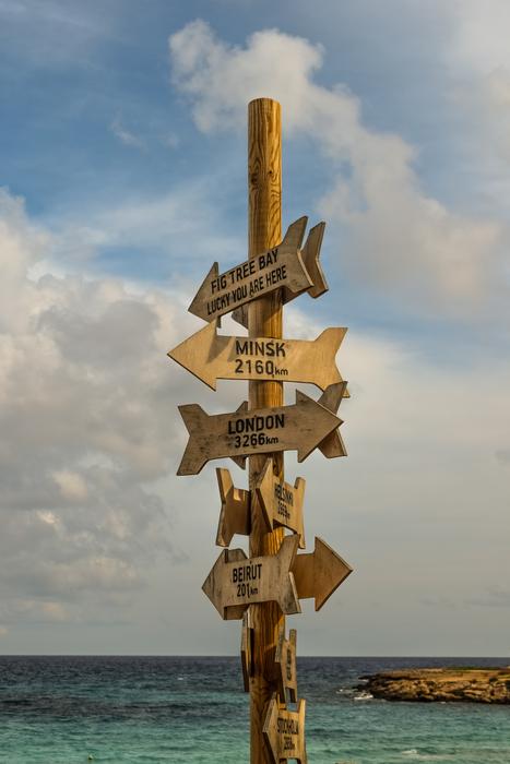 Colorful and beautiful, wooden signs on the signpost, in Protaras ...