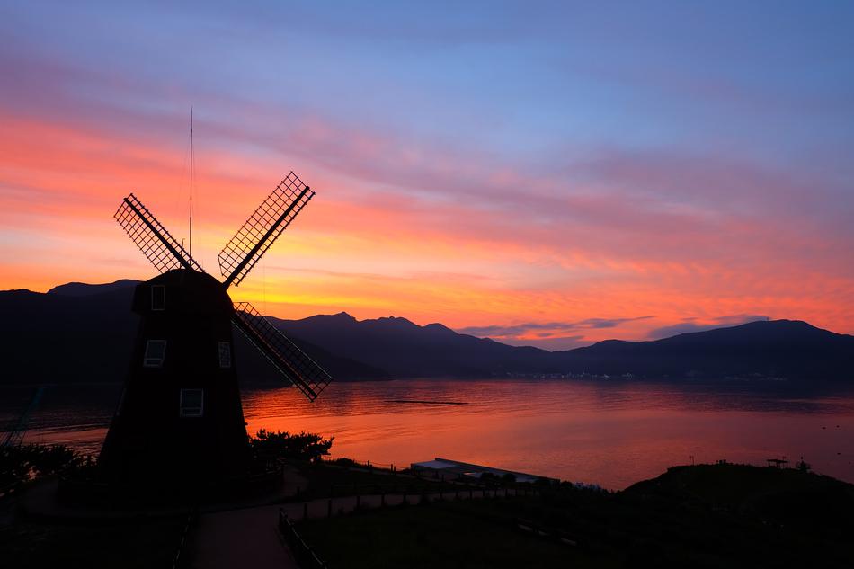 Windmill on Seaside in sunset afterglow, south korea, tongyeong free ...