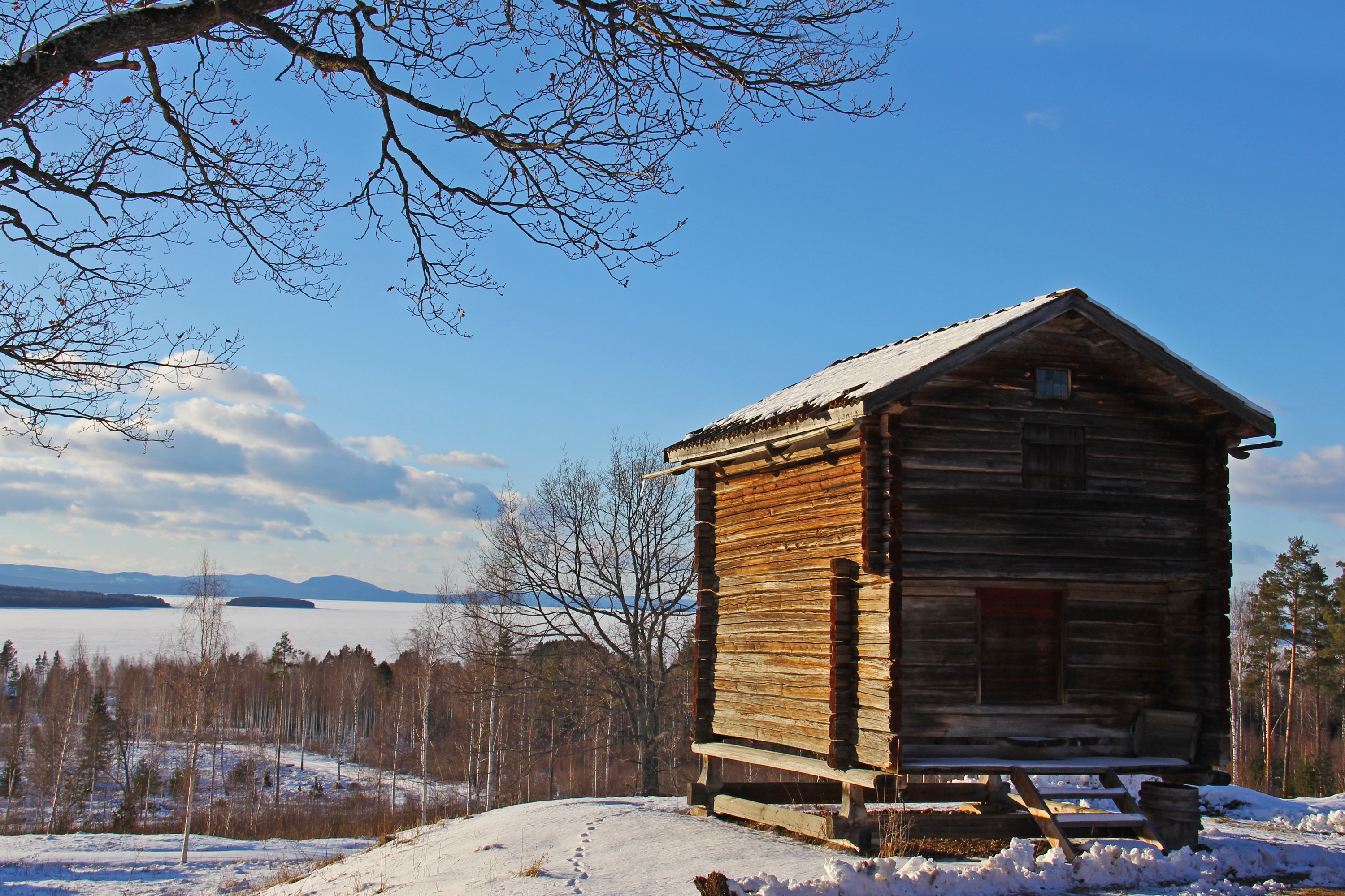 Wooden hut on hill in countryside at winter, sweden free image download